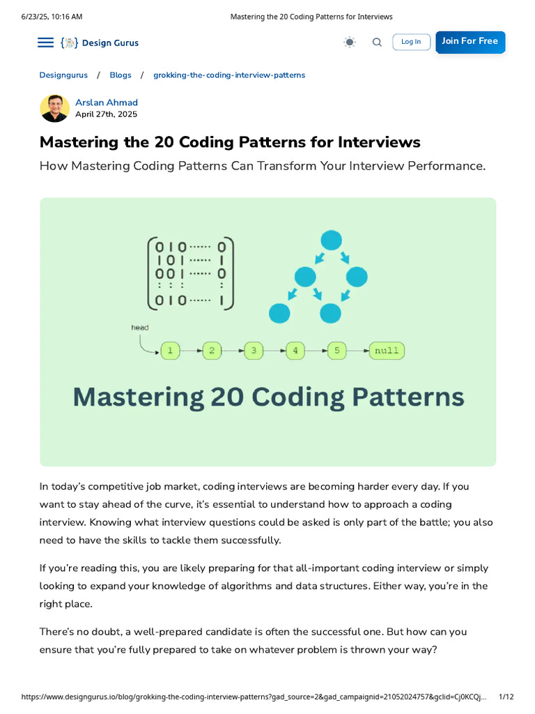 Mastering 20 Patterns For Interviews | PDF | Pointer (Computer ...