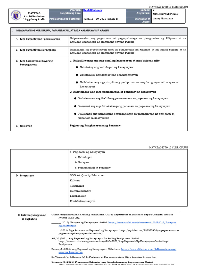 DLL Matatag - Araling Panlipunan 5 q1 w1 | PDF