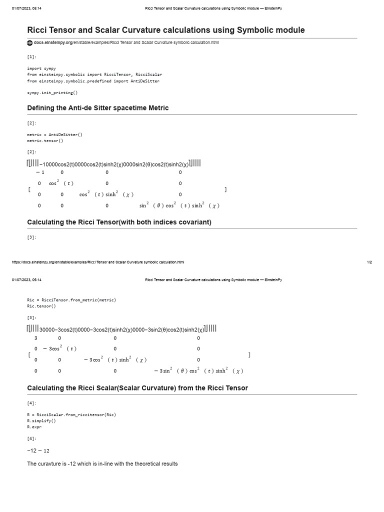 Ricci Tensor and Scalar Curvature Calculations Using Symbolic Module - EinsteinPy | PDF ...