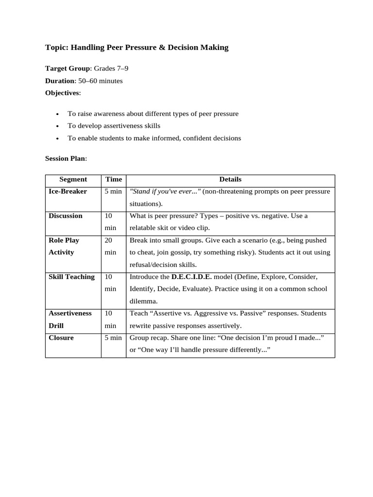 Handling Peer Pressure & Decision Making | PDF