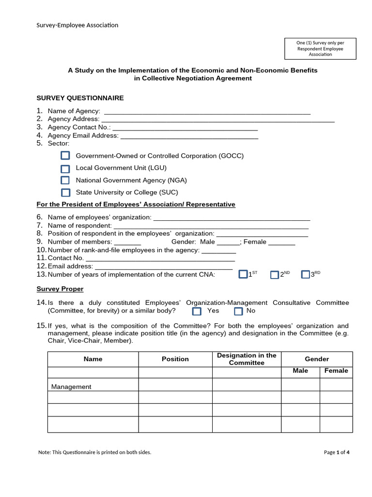 Survey Questionnaire-For Accredited Union | PDF | Employment | Overtime