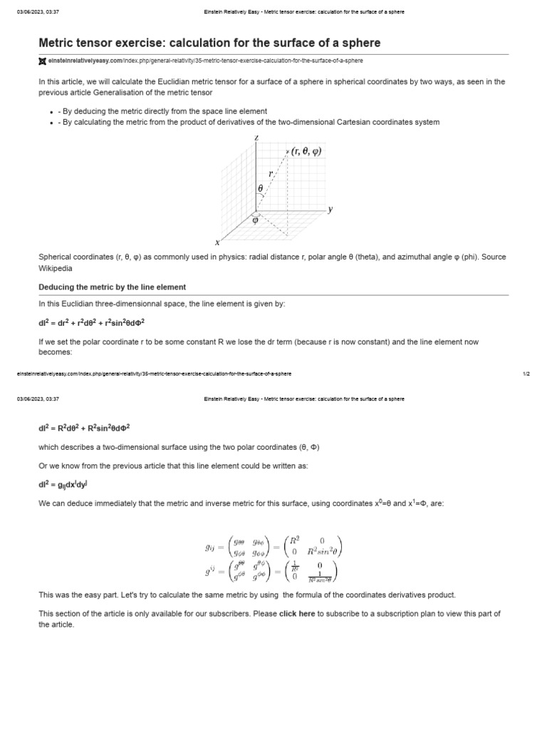 Metric Tensor Calculation on Sphere | PDF | Coordinate System ...