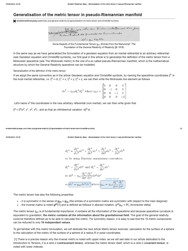 7 - Generalisation of The Metric Tensor in Pseudo-Riemannian Manifold | PDF | Tensor | Special ...