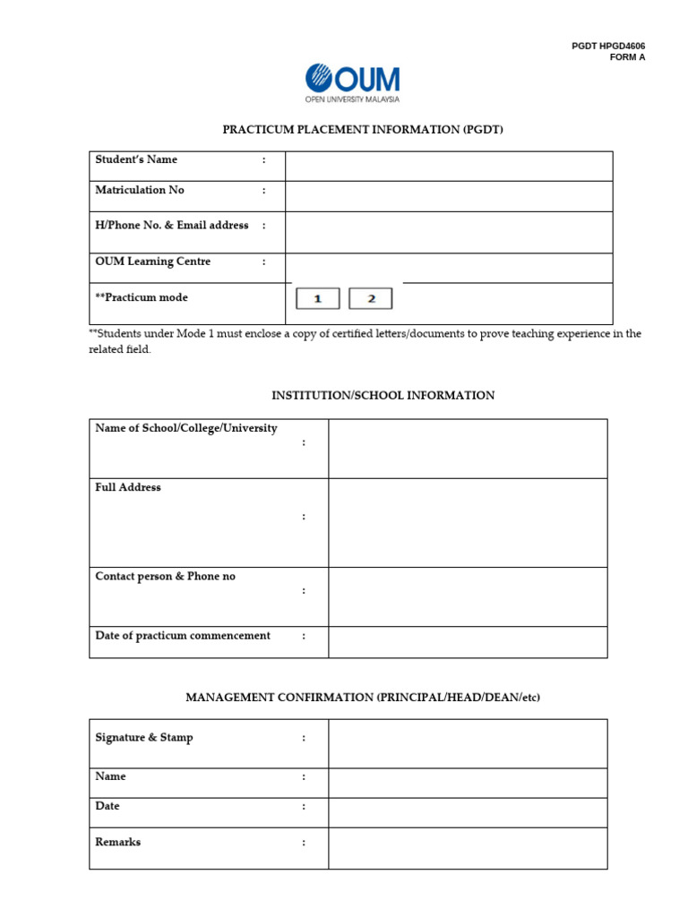 Practicum Placement Information (Form A) | PDF