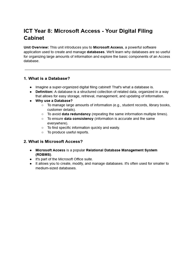 Microsoft Access Database Basics for Year 8 | PDF | Databases ...