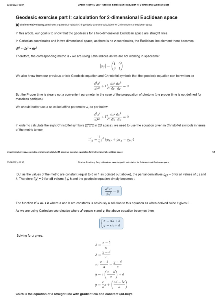 11 - Geodesic Exercise Part I - Calculation For 2-Dimensional Euclidean Space | PDF ...