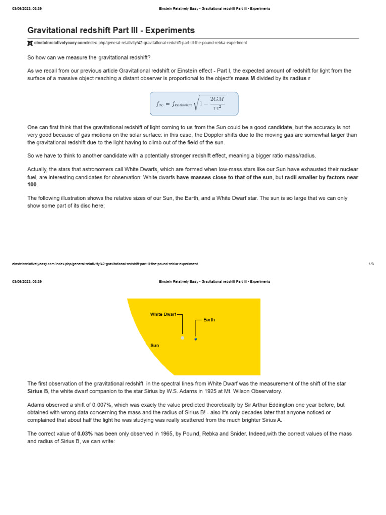 17 - Gravitational Redshift Part III - Experiments Sirius B Red Shift | PDF | Redshift | Stars