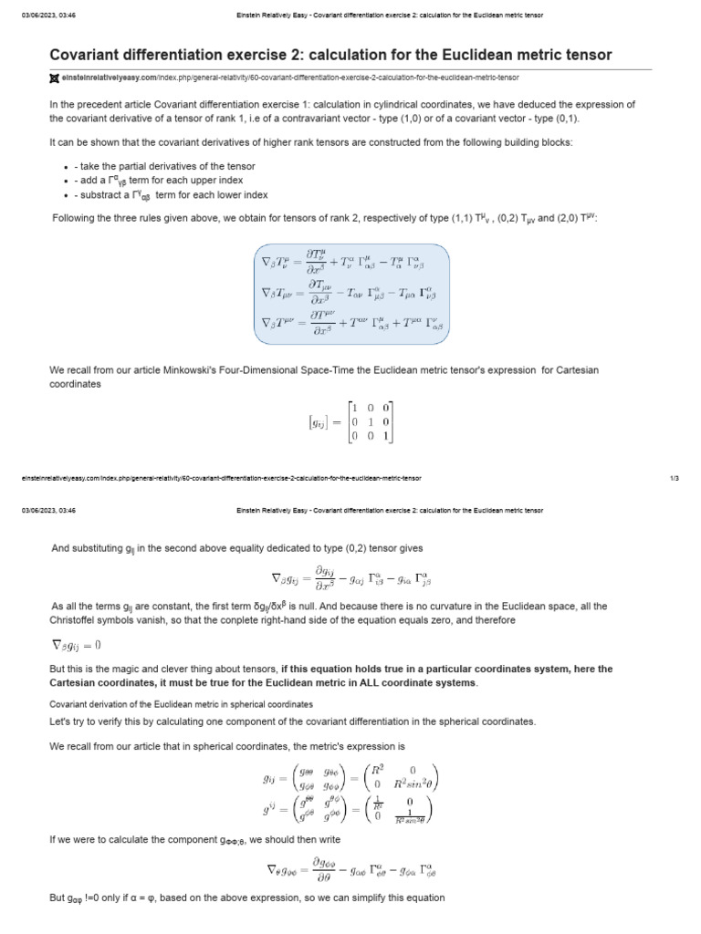 23 - Covariant Differentiation Exercise 2 - Calculation For The Euclidean Metric Tensor | PDF ...