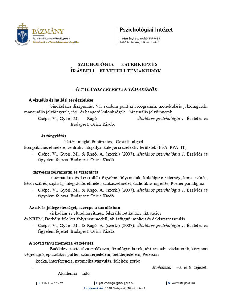 Pszichologia Mesterkepzes Temakorok | PDF