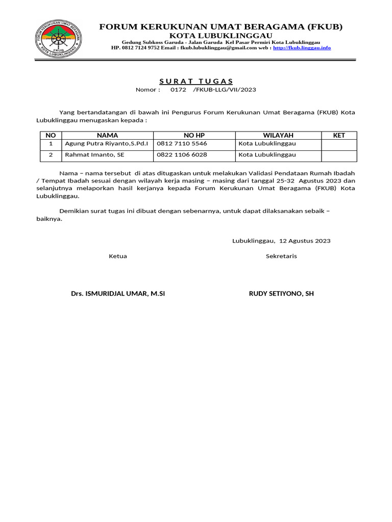 Surat Tugas Validasi Rumah Ibadah | PDF