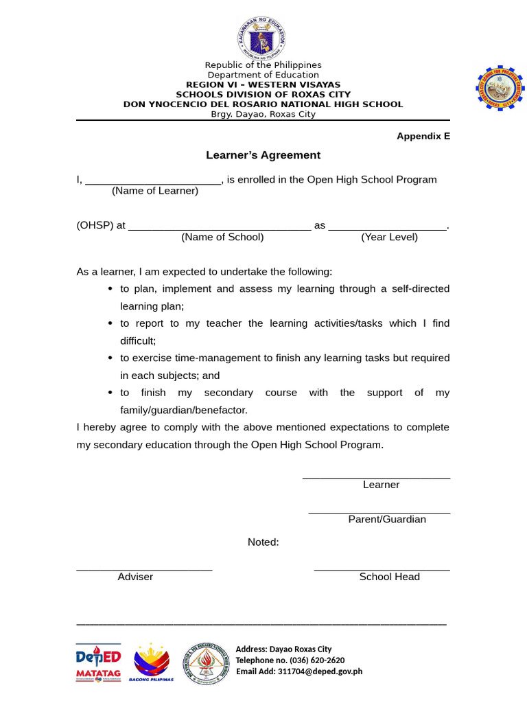 OHSP APPENDIX E LEARNERS AGREEMENT | PDF | Learning | Behavior Modification