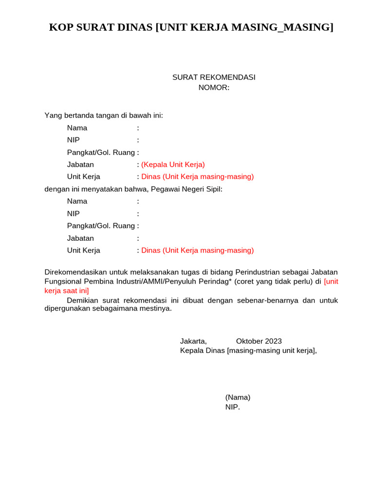 (Template) Surat Rekomendasi Pimpinan Unit Kerja | PDF