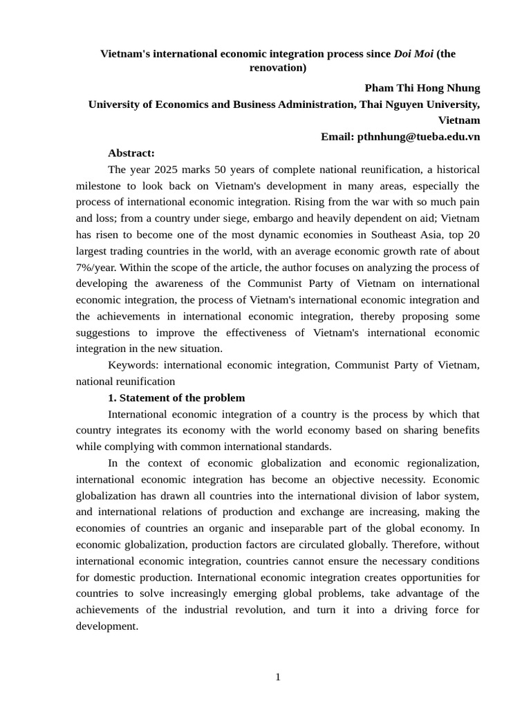 Vietnam's International Economic Integration Process Since Doi Moi (The ...