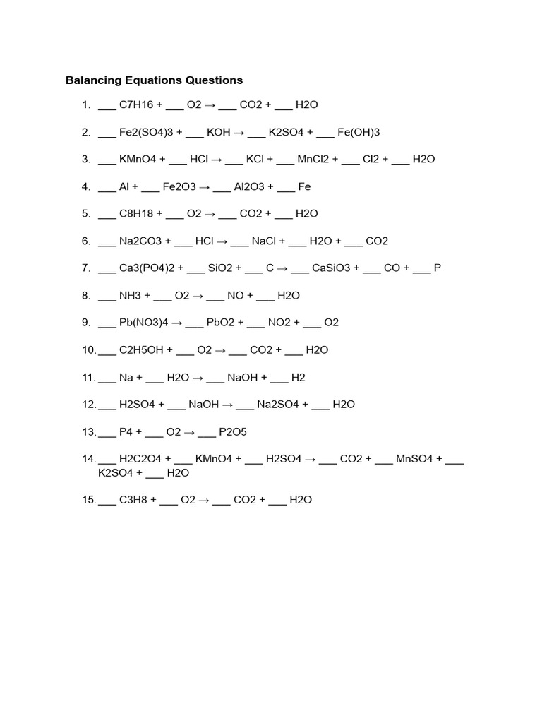 Balancing Equations Worksheet | PDF