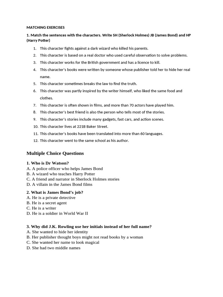 Famous British Characters Matching Exercise | PDF | Sherlock Holmes ...