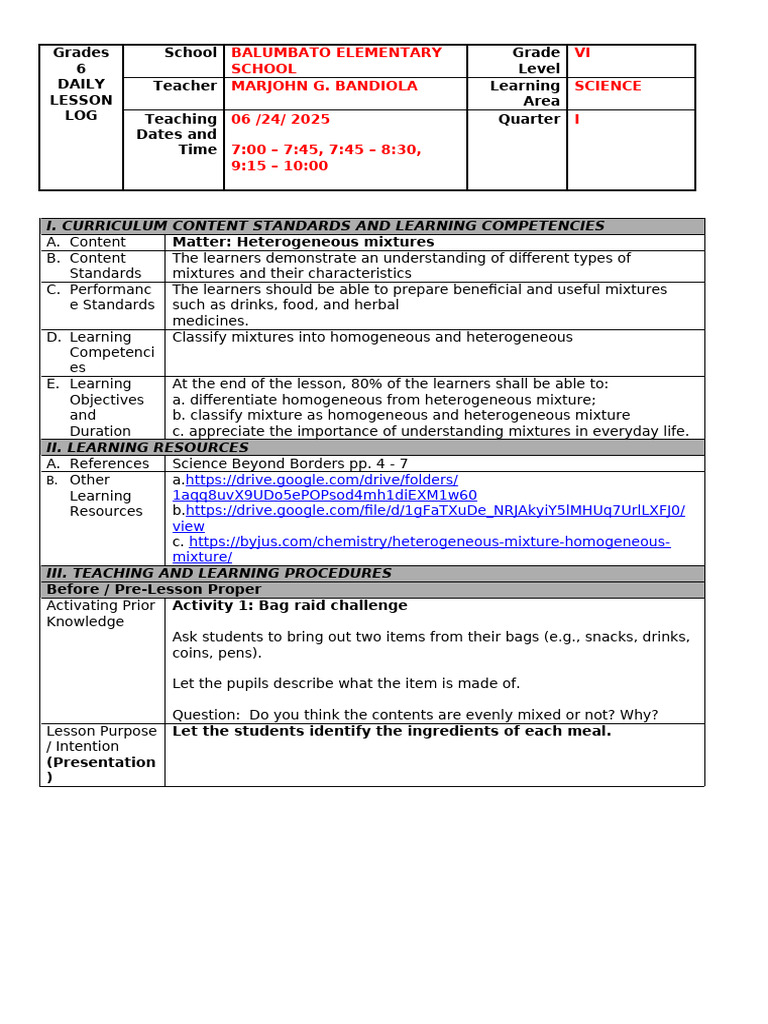 Science 6 - Quarter 1 - Lesson 3 | PDF | Mixture | Homogeneity And Heterogeneity