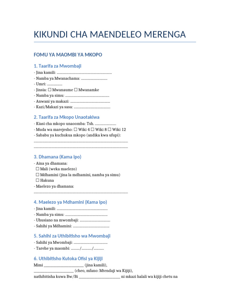 Fomu Ya Mkopo Maendeleo Merenga | PDF
