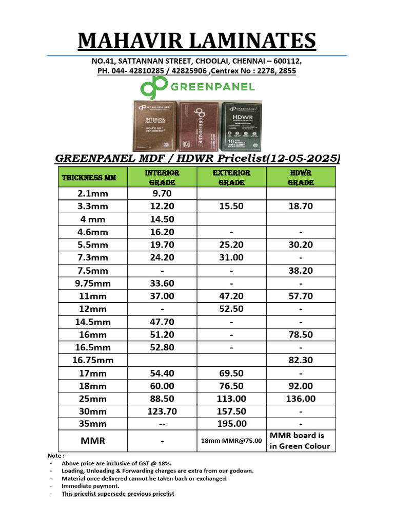 Greenpanel MDF Price List 2025 | PDF