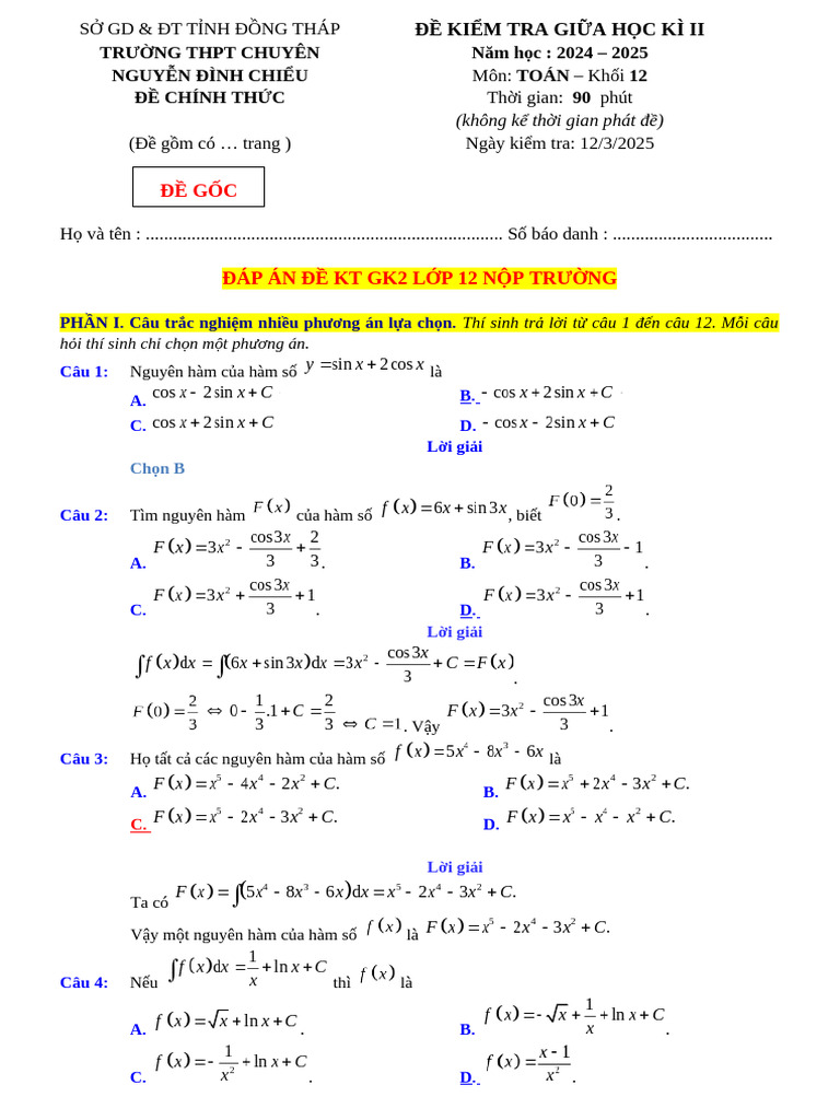 Dap An de KT Gk2 Lop 12 Nop Truong | PDF