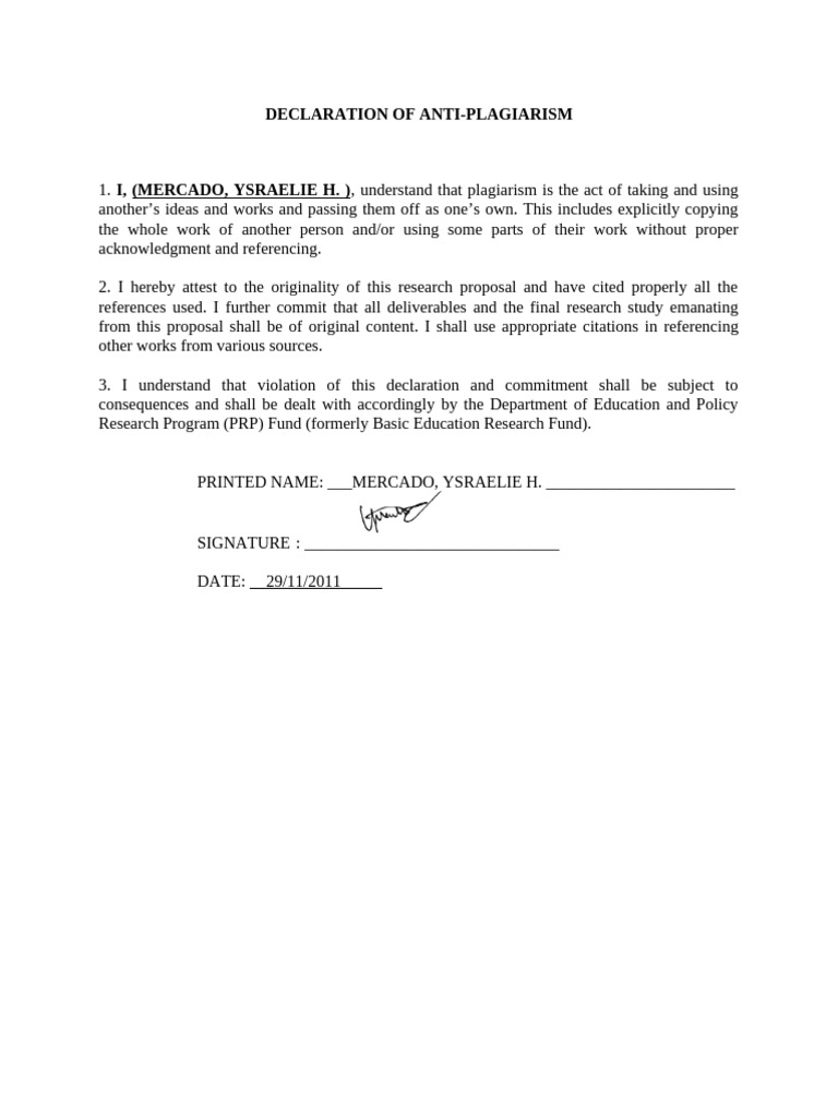 Declaration of Anti Plagiarism Form - Mercado, Ysraelie H. | PDF