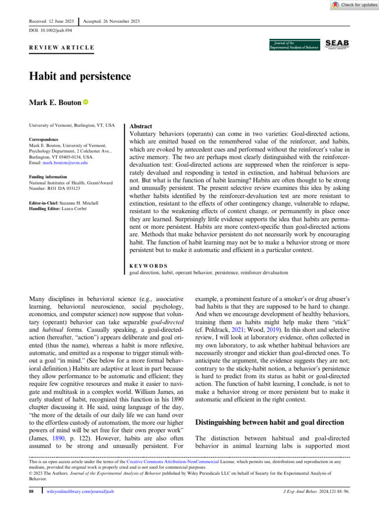 Habit Learning: Persistence vs. Goal-Directed Behavior | PDF ...