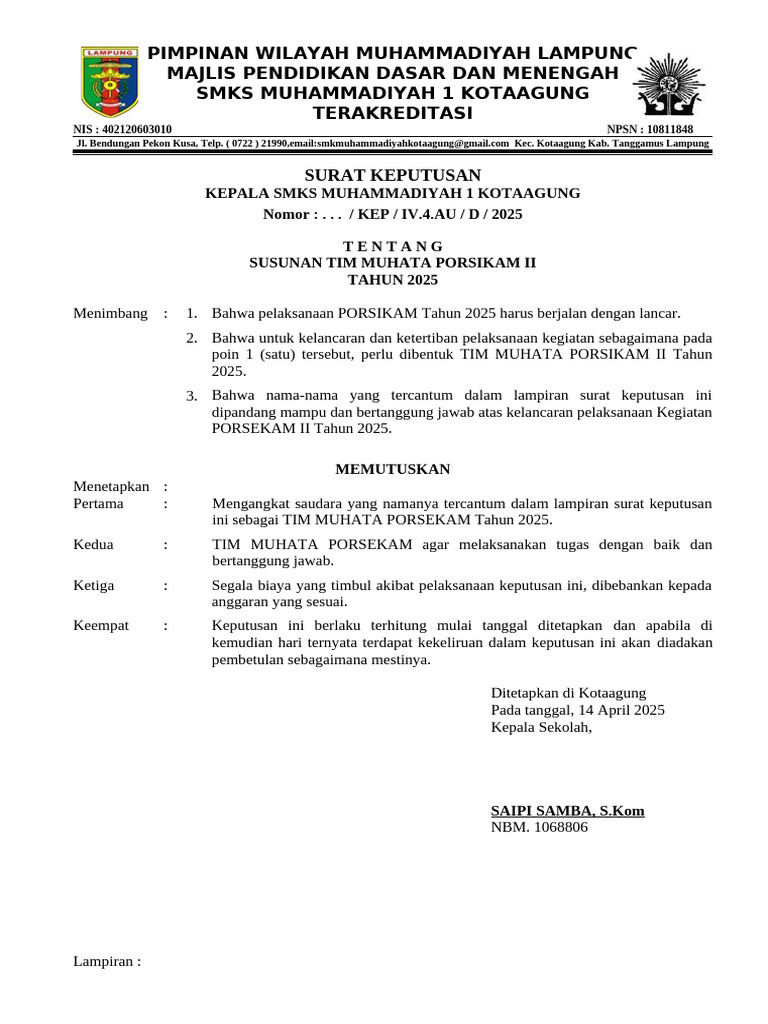 Tim Muhata PORSIKAM II 2025 SMKS Muhammadiyah | PDF
