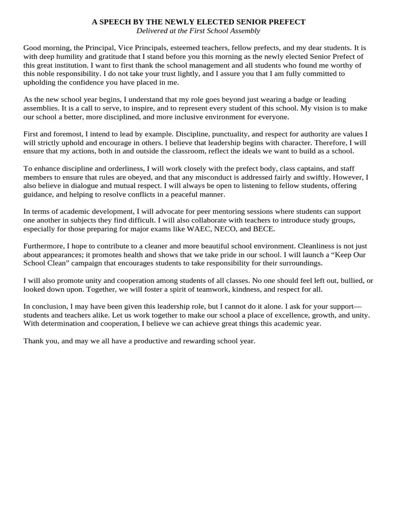 A Speech by The Newly Elected Senior Prefect | PDF | Disciplines | Teachers