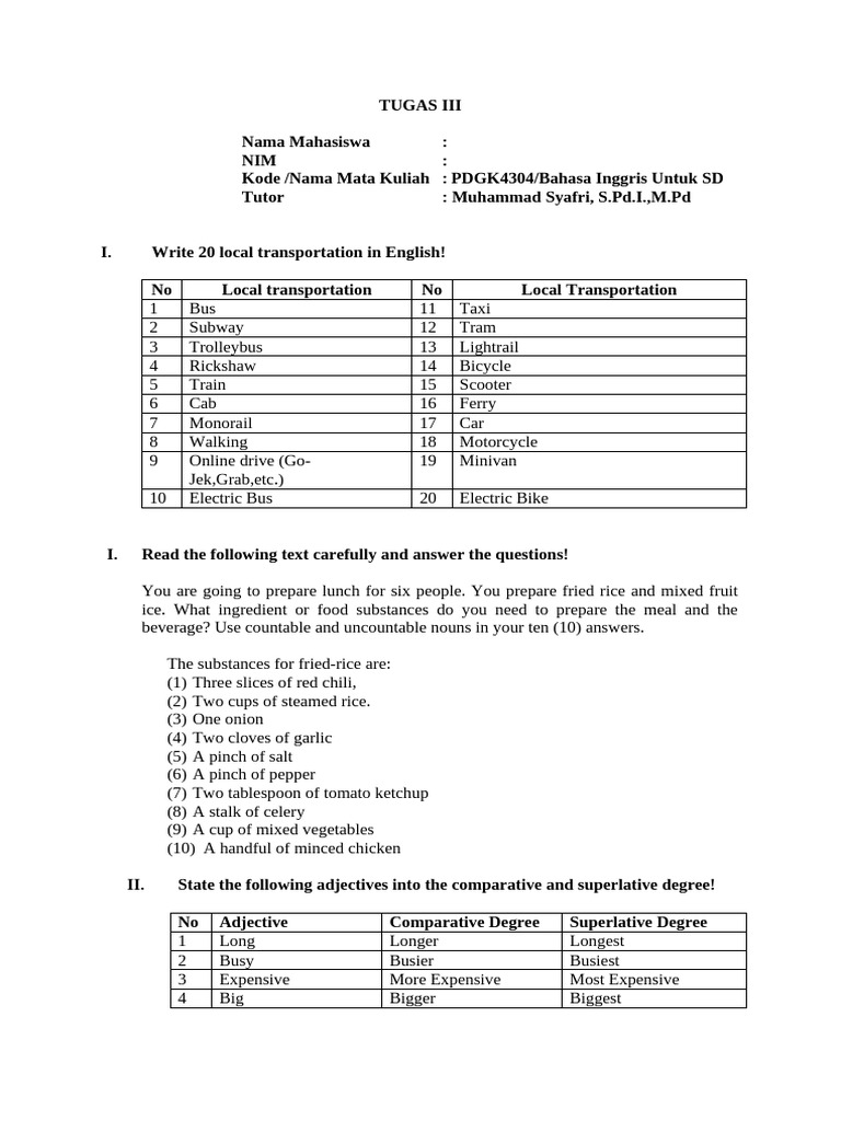 English Language Tasks for SD Students | PDF | Foods | Transport