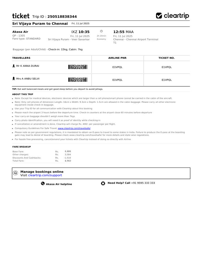 Cleartrip Flight Domestic E-Ticket (1) | PDF | Aviation | Transport