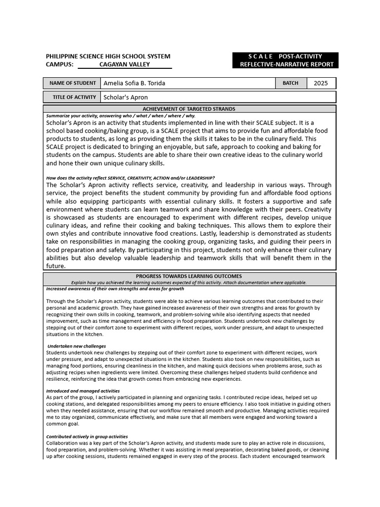 Scholar's Apron: Culinary Project Report | PDF | Creativity | Leadership