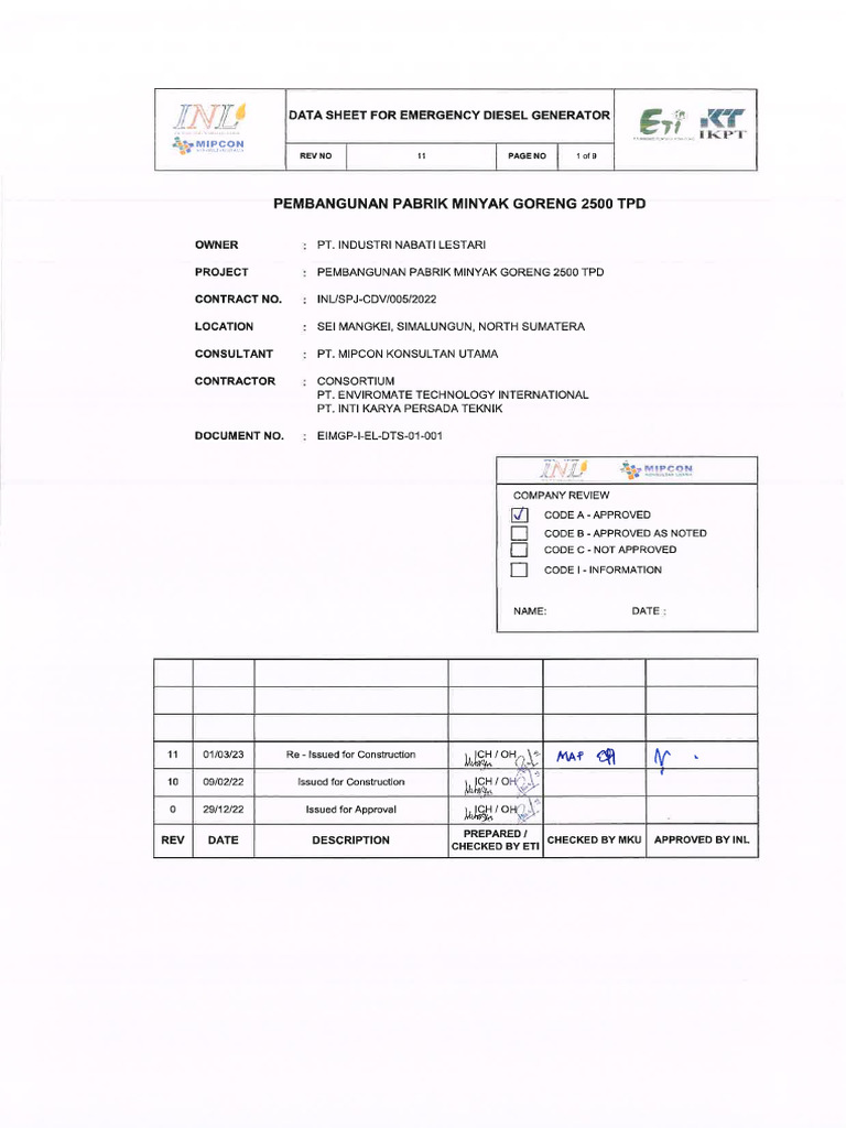 EIMGP-I-EL-DTS-01-001 - R11 Data Sheet For Emergency Diesel Generator | PDF