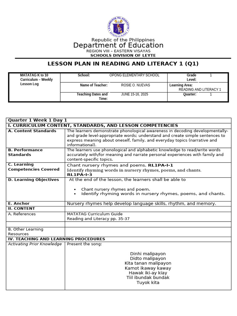 q1 WK 1 d1 Lesson Plan Matatag (Reading and Literacy) | PDF | Learning Methods | Learning