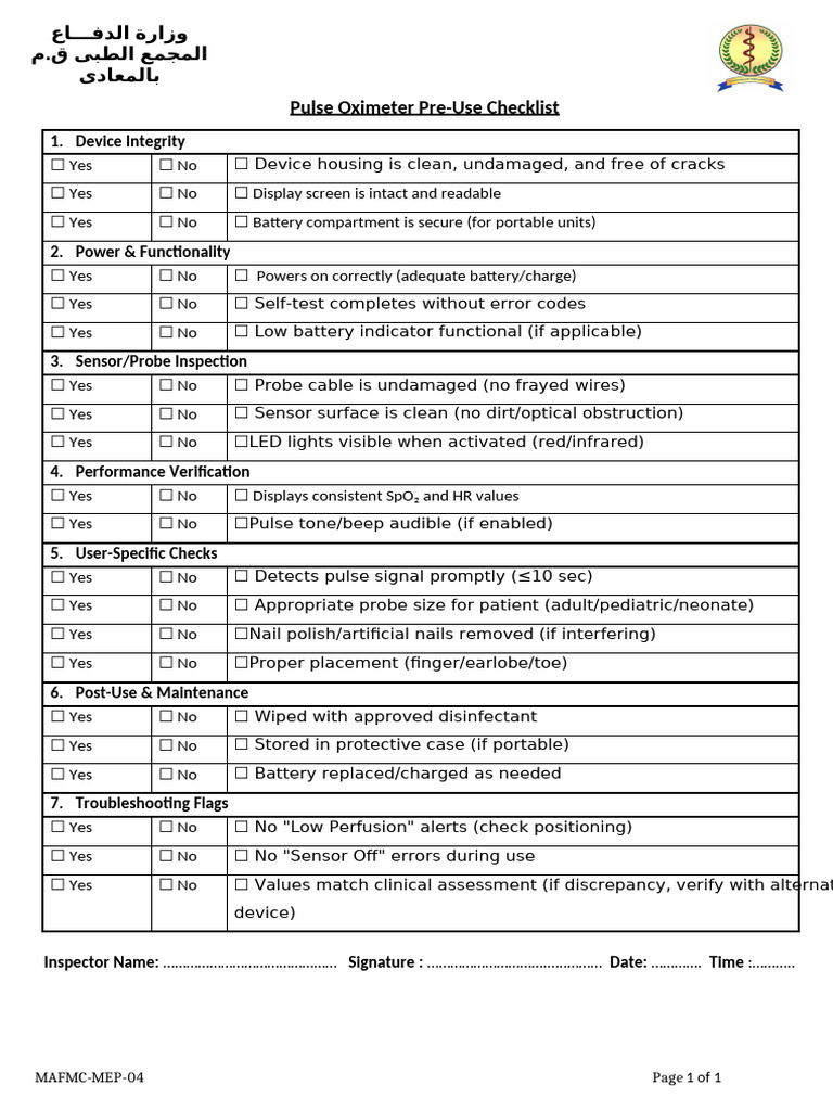 4-Pulse Oximeter Pre-Use Checklist | PDF