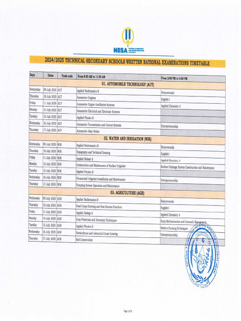 2024-2025 TSS National Examinations Timetable | PDF