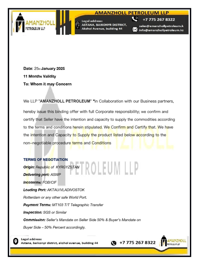 Amanzholl Petroleum Letterhead | PDF | Barrel (Unit) | Letter Of Credit