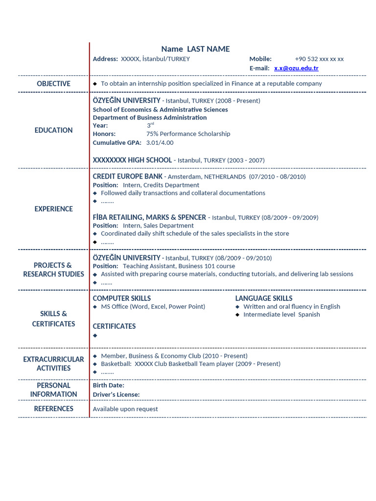 Özyeğin University Finance Internship CV | PDF