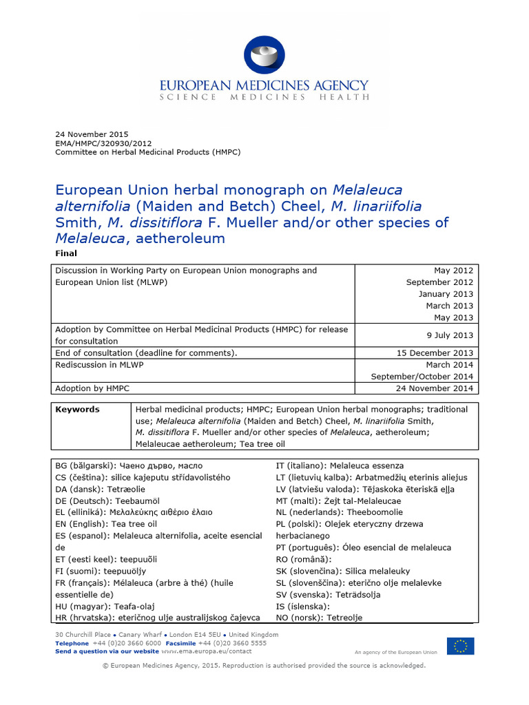 EU Herbal Monograph: Tea Tree Oil | PDF | Clinical Medicine | Medical ...