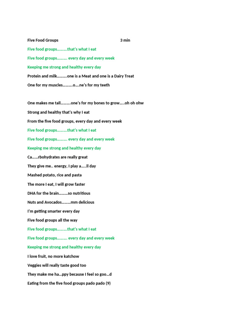 Five Food Groups Songs Lyrics | PDF