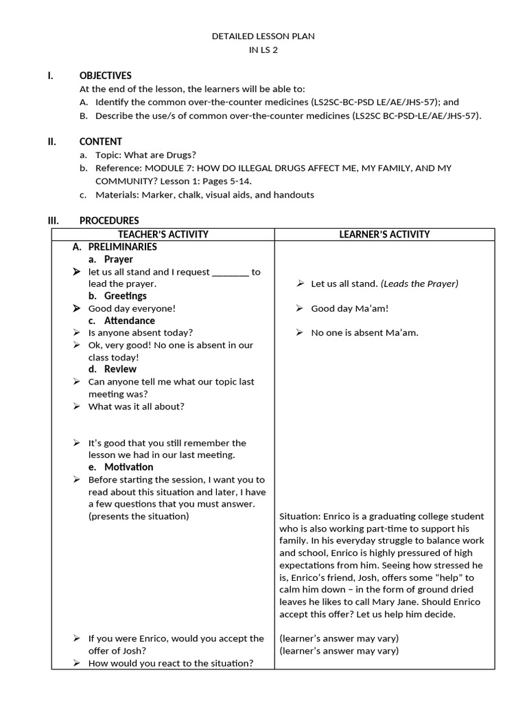 Detailed Lesson Plan Drugs | PDF | Over The Counter Drug | Medical ...