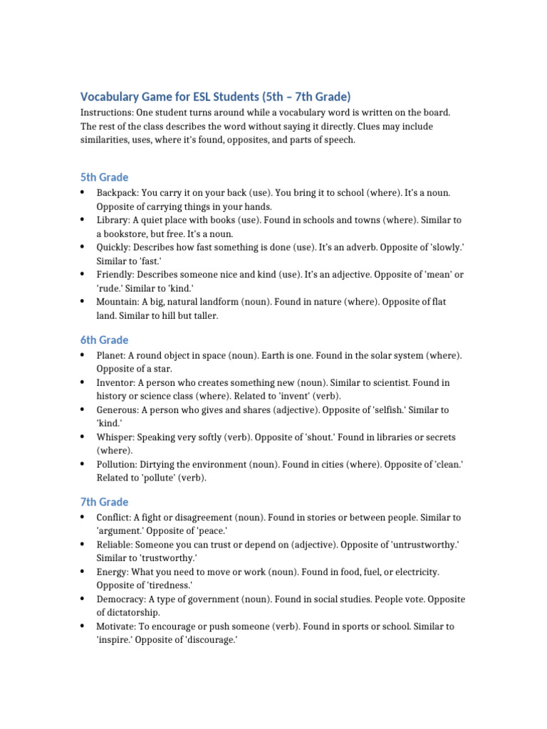 ESL Vocabulary Game for Grades 5-7 | PDF