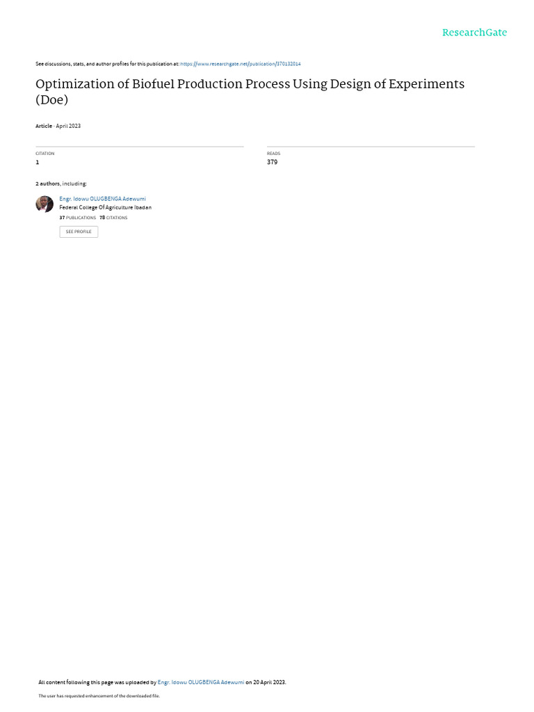 Optimization of Biofuel Production Process Using Design of Experiments ...