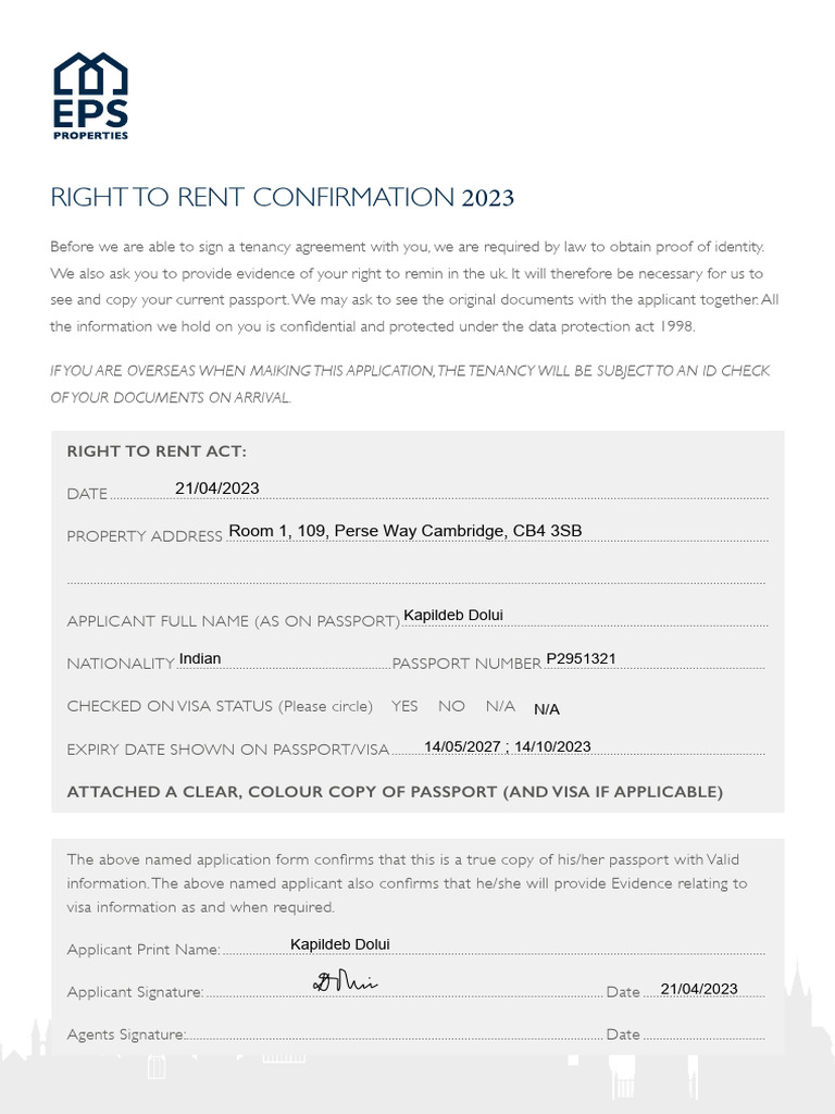 EPS Right To Rent Form 2023 | PDF | Passport | Travel Visa