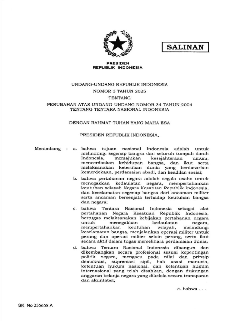 UU No 3 Tahun 2025 Tentang TNI | PDF