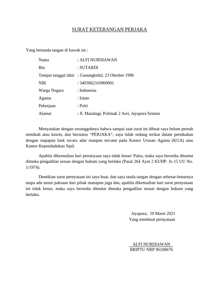 Surat Keterangan Perjaka | PDF