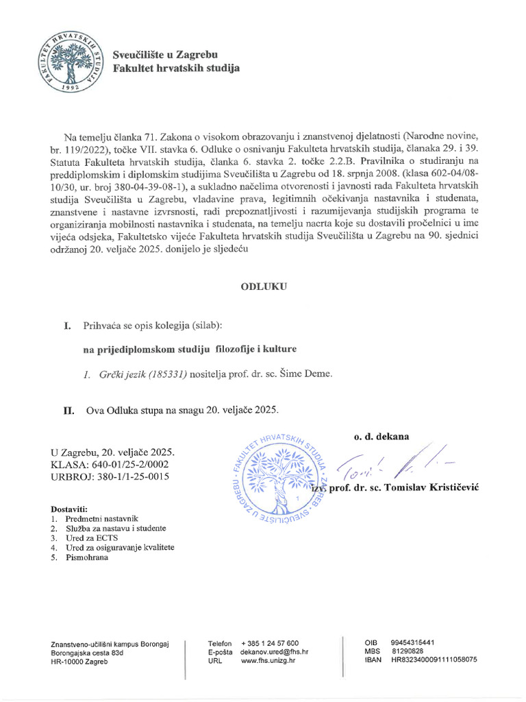 6.2. Odluka o Prihvaćanju Opisa Kolegija Na Prijediplomskom Studiju Filozofije I Kulture | PDF