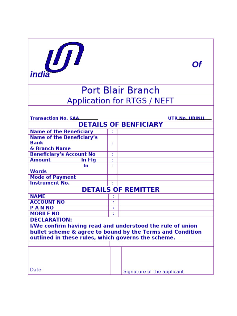 Union Bank RTGS/NEFT Application Form | PDF