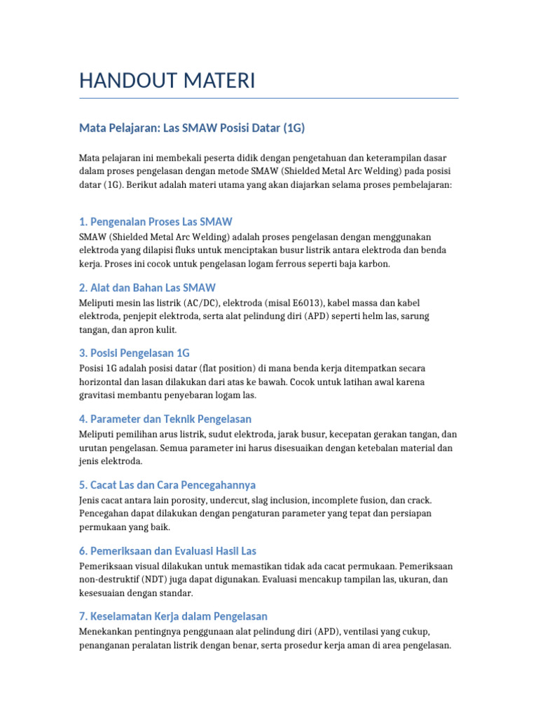 Handout Materi Las SMAW 1G | PDF