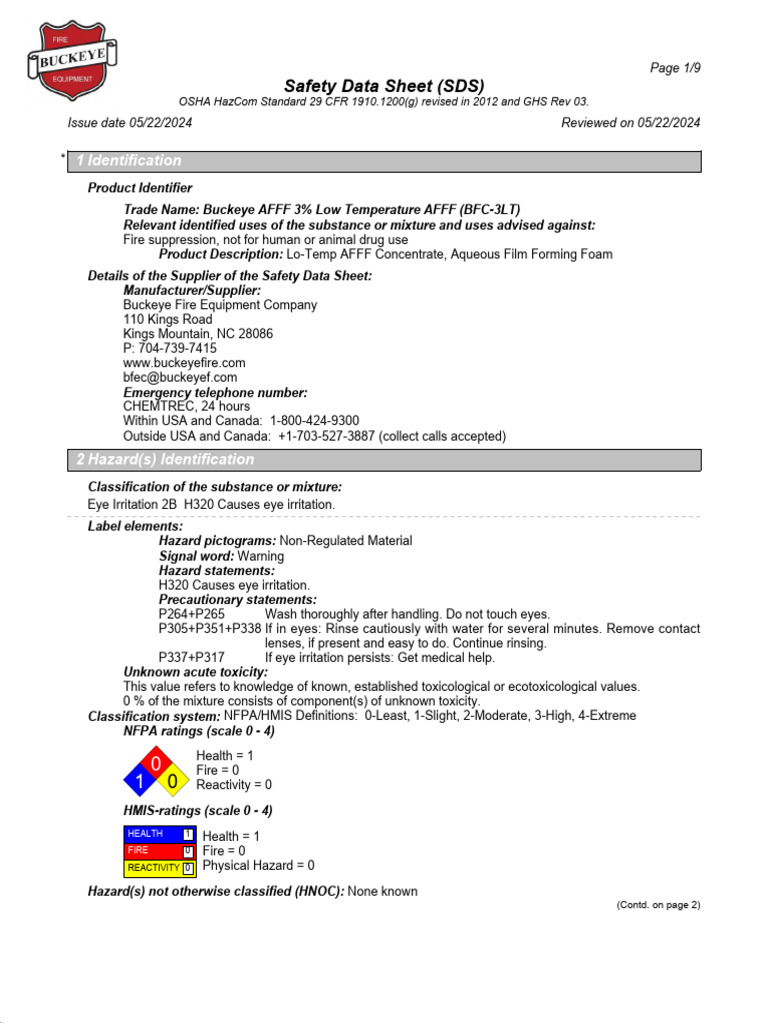 Buckeye AFFF 3 Low Temperature AFFF BFC 3LT US en 1 Sds | PDF ...