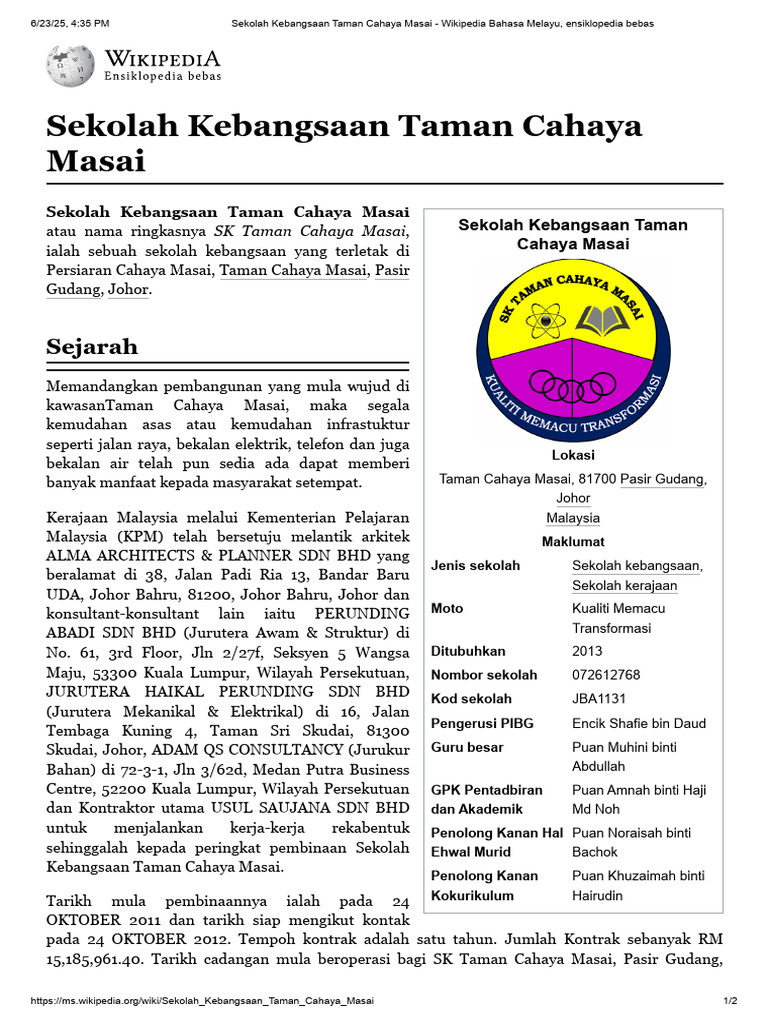 Sekolah Kebangsaan Taman Cahaya Masai | PDF