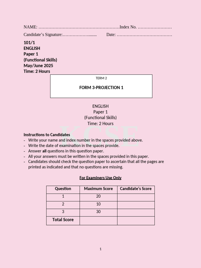 KCSE 2025 English Paper 1 Exam | PDF | Stress (Linguistics) | Question